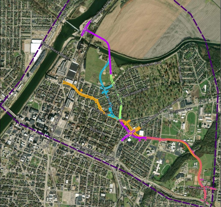 Current Map Of Downtown Hamilton Ohio Trolleybus Route And Overhead